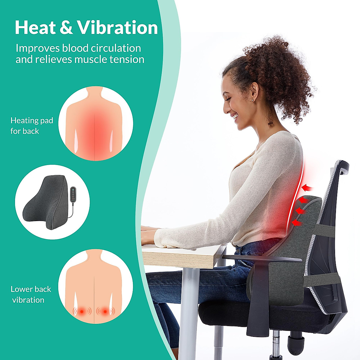 Snailax Heated Lumbar Support Pillow for Office Chair, Back Support Pillow for Car, Adjustable Heat and Vibration, Ergonomic Back Cushion, Improve Posture & Pain, Lower Back Massager,Gifts