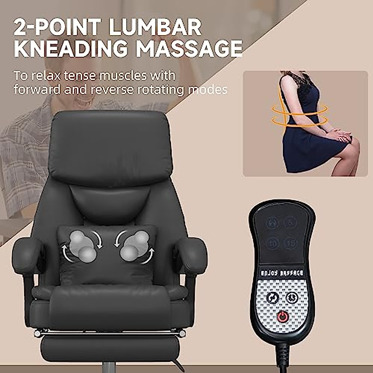 Vinsetto Kneading Massage Office Chair, Reclining Executive Office Chair, PU Leather High Back Computer Chair with Lumbar Cushion, Footrest, Adjustable Height, Black