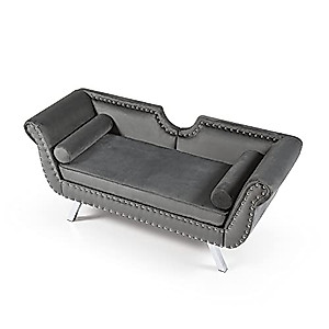 Mid Century Modern Loveseat Sofa, Upholstered Chesterfield Sofa With 2 Bolster Pillows, Velvet Love Seat With Nailhead Trim, 61" Small Couches Loveseat Settee Roll Arm For Living Room, Dorm(Grey）