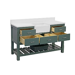 Kitchen Bath Collection Charlotte 60-inch Single Bathroom Vanity (Quartz/Sage Green): Includes Sage Green Cabinet with Stunning Quartz Countertop and White Ceramic Farmhouse Apron Sink