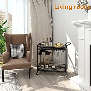 LAATOOREE Bar Cart, Two-Color Home Bar Serving Cart, Mobile Drink Beverage Cart with 2 Storage Shelves, Rolling Kitchen Cart with Wine and Glass Holder, for Dinning Room, Living Room, Kitchen