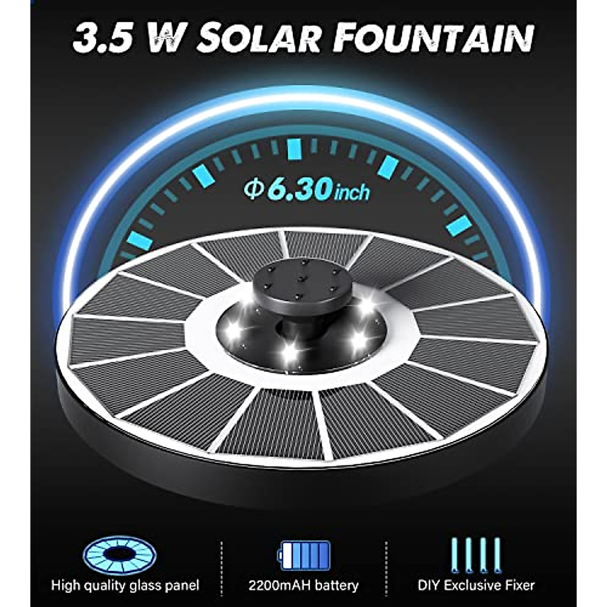 Yzert 3.5W Solar Fountain with Light Full Glass Panel, Solar Bird Bath Fountains with 8 Nozzles & 4 Fixed Rods, Floating Solar Water Fountain for Garden,Pond, Pool, Outdoor(White)