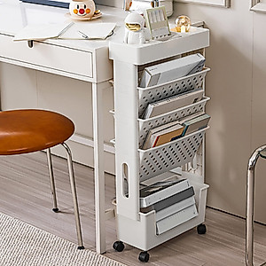 HEEPDD Movable Bookshelf Cart, 5-Tier Plastic Rolling Utility Cart Multifunctional Storage Trolley for Office Living Room Home Kitchen School (White)