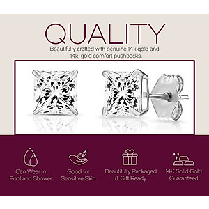 14k Solid Gold PRINCESS Stud Earrings Square Cubic Zirconia Princess-cut CZ Unisex Studs, 14kt White Gold (5mm)