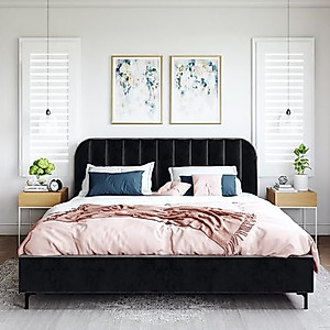 DHP Camilla Upholstered Platform Bed with Luxe Vertical Channel Tufted Headboard, No Box Spring Needed, King, Black Velvet