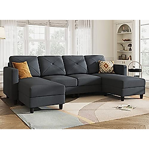 HONBAY Convertible Sectional Sofa U Shaped Couch 4 Seat Sofa with Double Chaises for Living Room, Bluish Grey