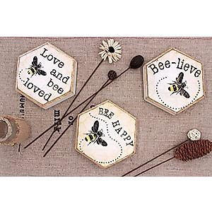 Tstarer Rustic Bee Wood Hexagon Box Sign for Wall & Tabletop - Bee-Happy -6.4 x 5.5 in(BEE HAPPY)