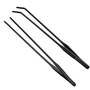 Black Aquarium Tweezers Set HRASY Stainless Steel Straight and Curved Tweezers Long Handle Reptile Feeding Tongs for Fish Tank Aquatic Plants, Pack of 2, 10.6 Inch