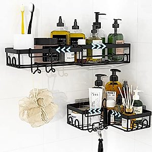 ETECHMART Corner Shower Caddy, 0°- 330°Rotation Adhesive Shower Shelves Organizer for Bathroom, SUS304 Rustproof Floating Storage Rack for Inside with Hooks, No Drilling - 2 Pack/Black