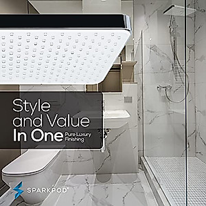 SparkPod 12 Inch Rectangle Rain Shower Head - Ceiling or Wall Mount Rainfall Shower Head - Large Coverage Showerhead - Brass Ball Joint with 360° Adjustment - 1-Min Install (Chrome & White)