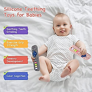 Hooku 2 Pack Teething Toys for Babies 0-6 Months, Silicone Teethers for Babies 6-12 Months, Remote Teether for Baby, Sensory Toys for Babies, Baby Chew Toys, Toddler Infant Newborn Baby Girl Boy Gifts