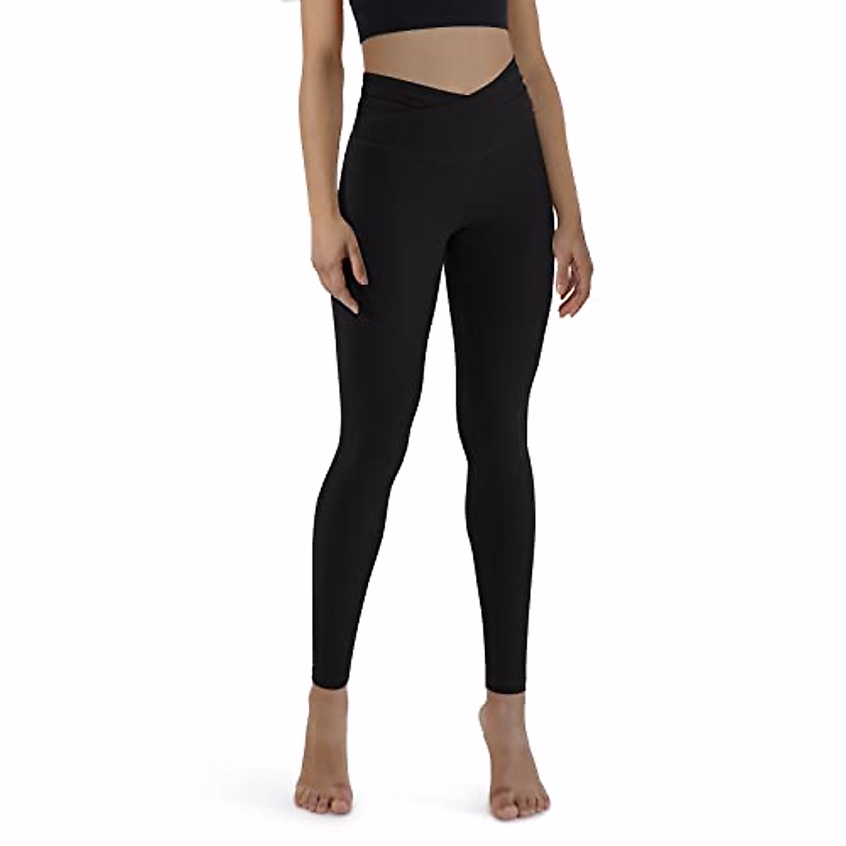 ODODOS Women's Cross Waist Yoga Leggings with Inner Pocket, Full Length Running Tights Sports Athletic Workout Legging Pants-Inseam 28", Black, Medium