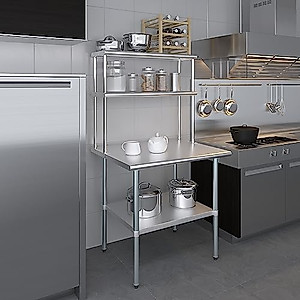 30" x 36" Stainless Steel Work Table with 12" Wide Double Tier Overshelf | Metal Kitchen Prep Table & Shelving Combo