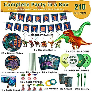Dinosaur Birthday Party Supplies Kit For Boys, Dinosaur Party Decorations-20 Guest-Include Dino Plates Cups Napkins Banner Cutlery Balloon Tablecloth Straws Toppers