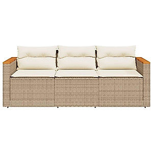 vidaXL Beige Poly Rattan 3-Seater Patio Sofa with Washable Cushions - Durable Outdoor Garden Furniture, UV-Resistant