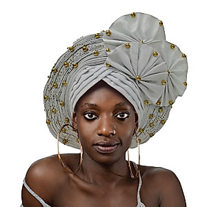 QliHut Nigerian Gele Headties With Beads And Stones African Headtie Women Head Wrap Already Made Auto (White,1)