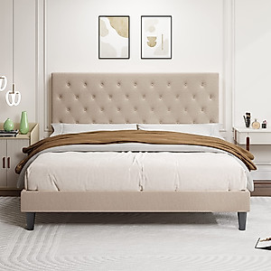 Allewie King Bed Frame with Adjustable Headboard/Diamond Stitched Button Tufted/Fabric Upholstered Platform Bed Frame/Wood Slat Support/No Box Spring Needed/Easy Assembly, Beige