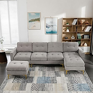 BIADNBZ 111" Modern Convertible Sectional Sofa with Movable Ottoman,U-Shaped Velvet Upholstered Couch with Chaise Lounge for Living Room,Apartment,Office,Light Gray