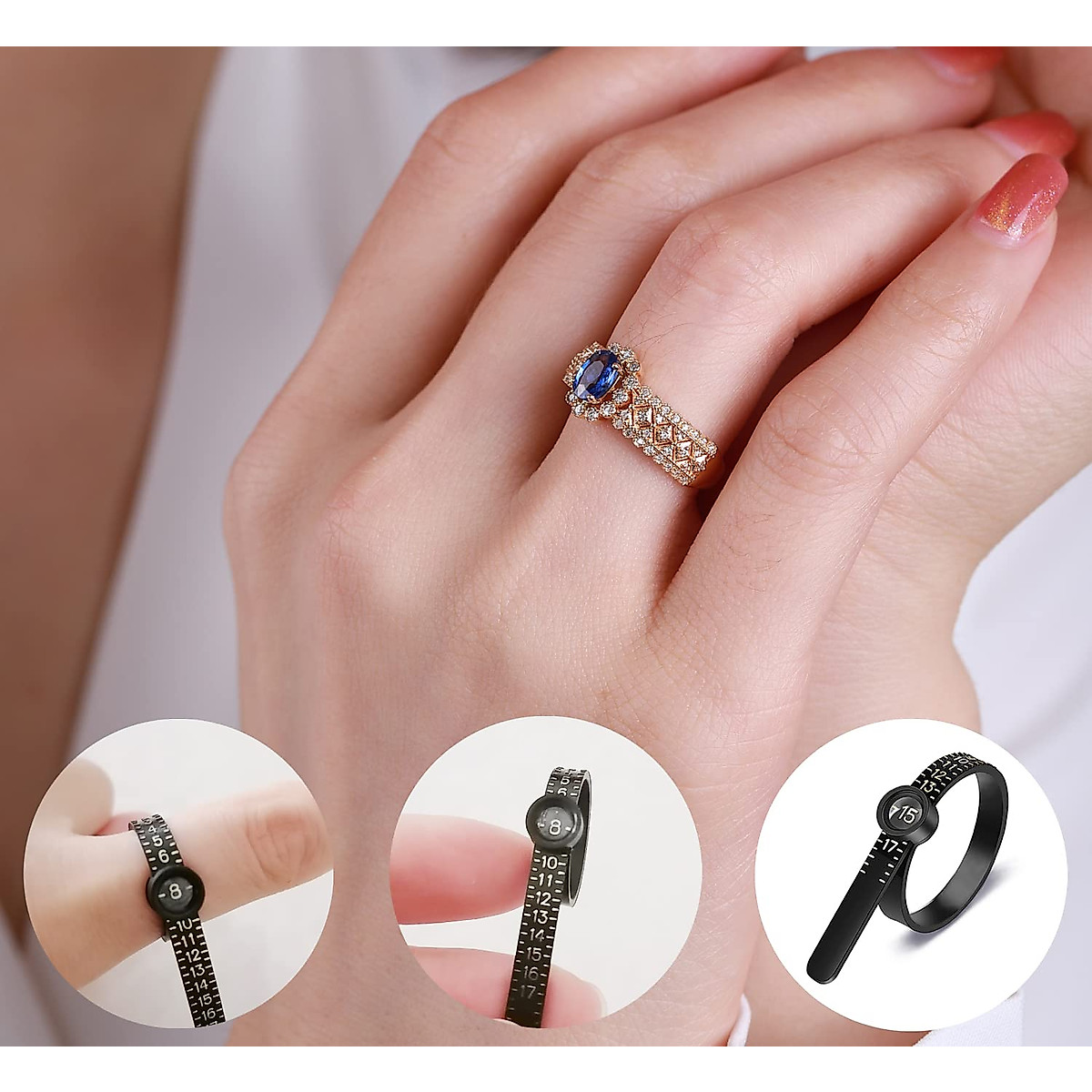 Ring Sizer Measuring Tool JRONGHE Reusable Finger Size Measuring Tape with Magnified Glass, Jewelry Sizing Tool 1-17 USA Rings Size