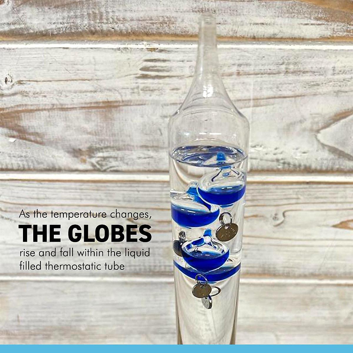 30cm Tall Free Standing Galileo Thermometer with Seven Blue Floating Globes | Measures temperatures from 16 Degrees Centigrade to 28 Degrees | Also in Fahrenheit | Weather Station | Water Thermometer