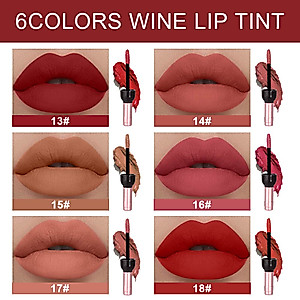 6 Colors Matte Red Wine Liquid Lipstick Pack Set,Wine Lip Tint Long Lasting 24 Hour Waterproof Velvet Nonstick Cup Lipgloss Lip Stain Pigmented Lip Makeup Gift Sets for Girls and Women Labiales