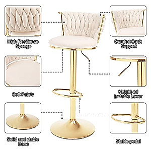 HANLIVES Velvet Bar Stools Set of 4,360° Woven Modern Gold Bar Stools,Swivel Adjustable Height Barstools with Backs Gold Metal Tall Kitchen Counter Chairs for Bar Pub Cafe(Beige*4)