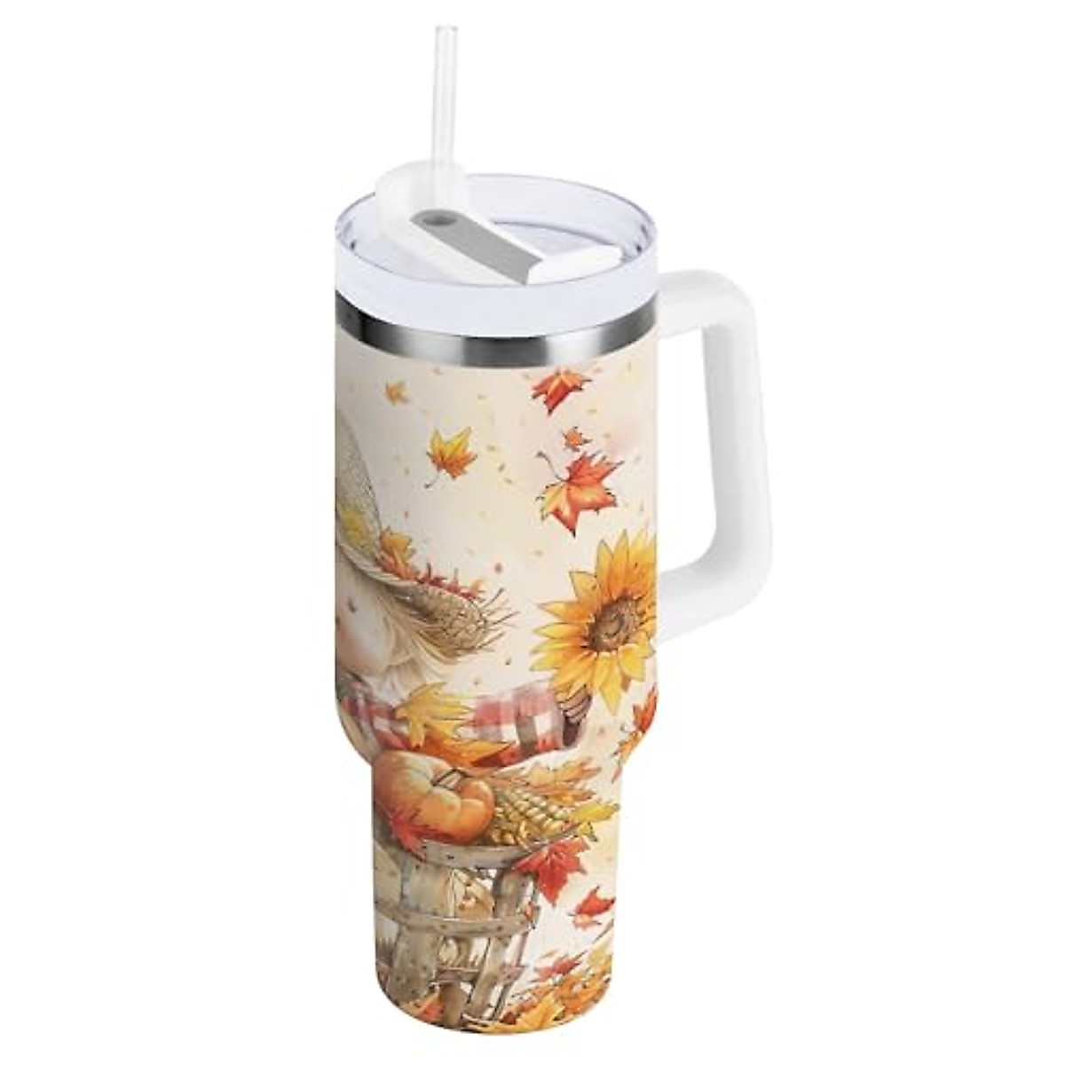 ODAWA Cute Scarecrow Autumn Maple Leaves Iced Coffee Tumbler Reusable Insulated Cup with Straw Water Cup