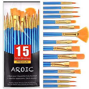 AROIC Acrylic Paint Brush Set, 15 pcs Nylon Hair Paint Brushes for All Purpose Oil Watercolor Face Body Rock Painting Artist, Small Paint Brush Kits for Kids Adult Drawing