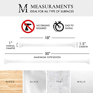 Meriville 1-inch Diameter Metal Spring Tension Rod, Closet Rod, Tension Curtain Rod, Shower Curtain Rod, Adjustable Length 18-inch to 30-inch, Off White