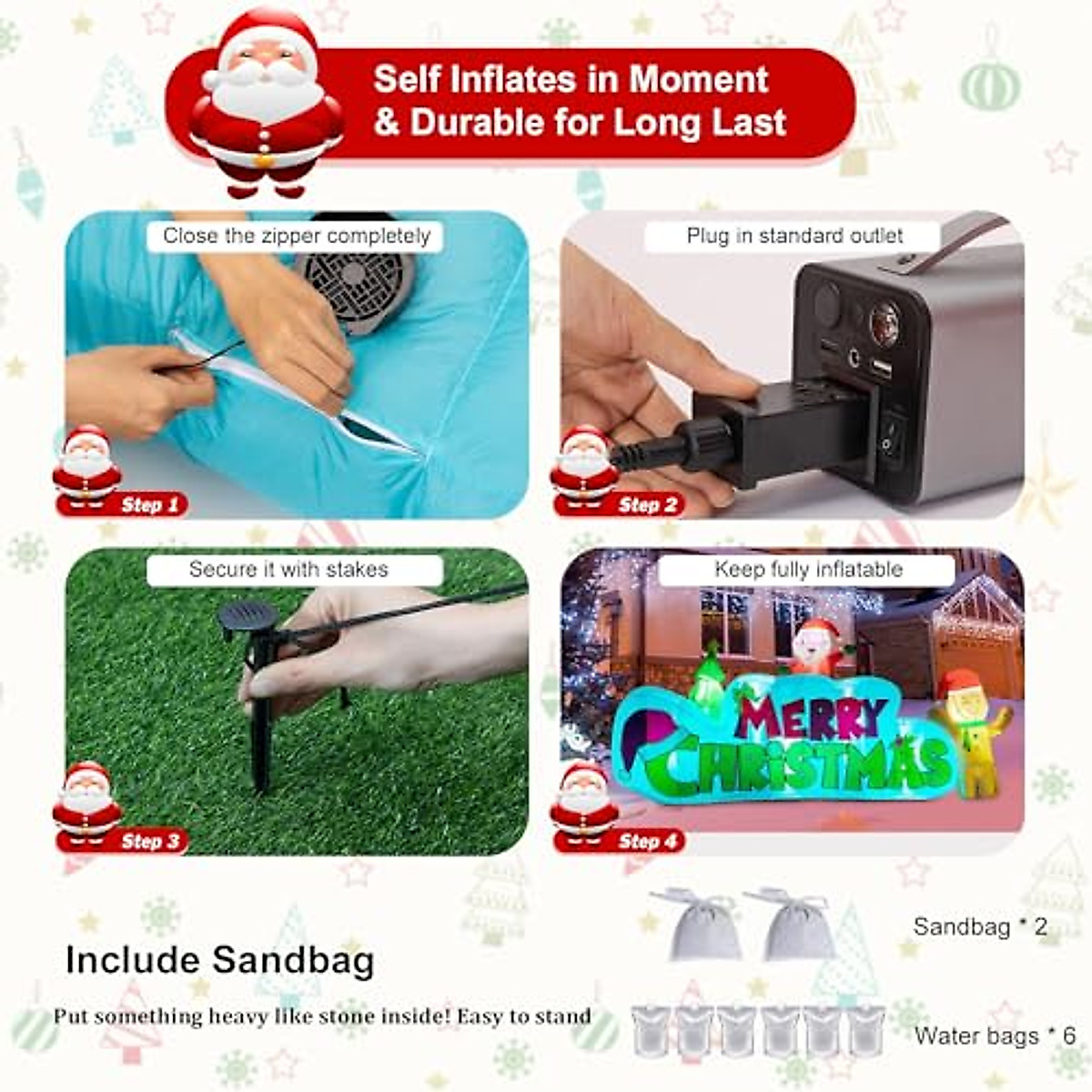 10 FT Christmas Inflatable Decoration - Merry Christmas Banner with Santa Gingerbread Man Tree, Blow Up Outdoor Yard Christmas Inflatables with 8 LED Lights for Party Holiday Lawn Winter Decor(1 Pack)