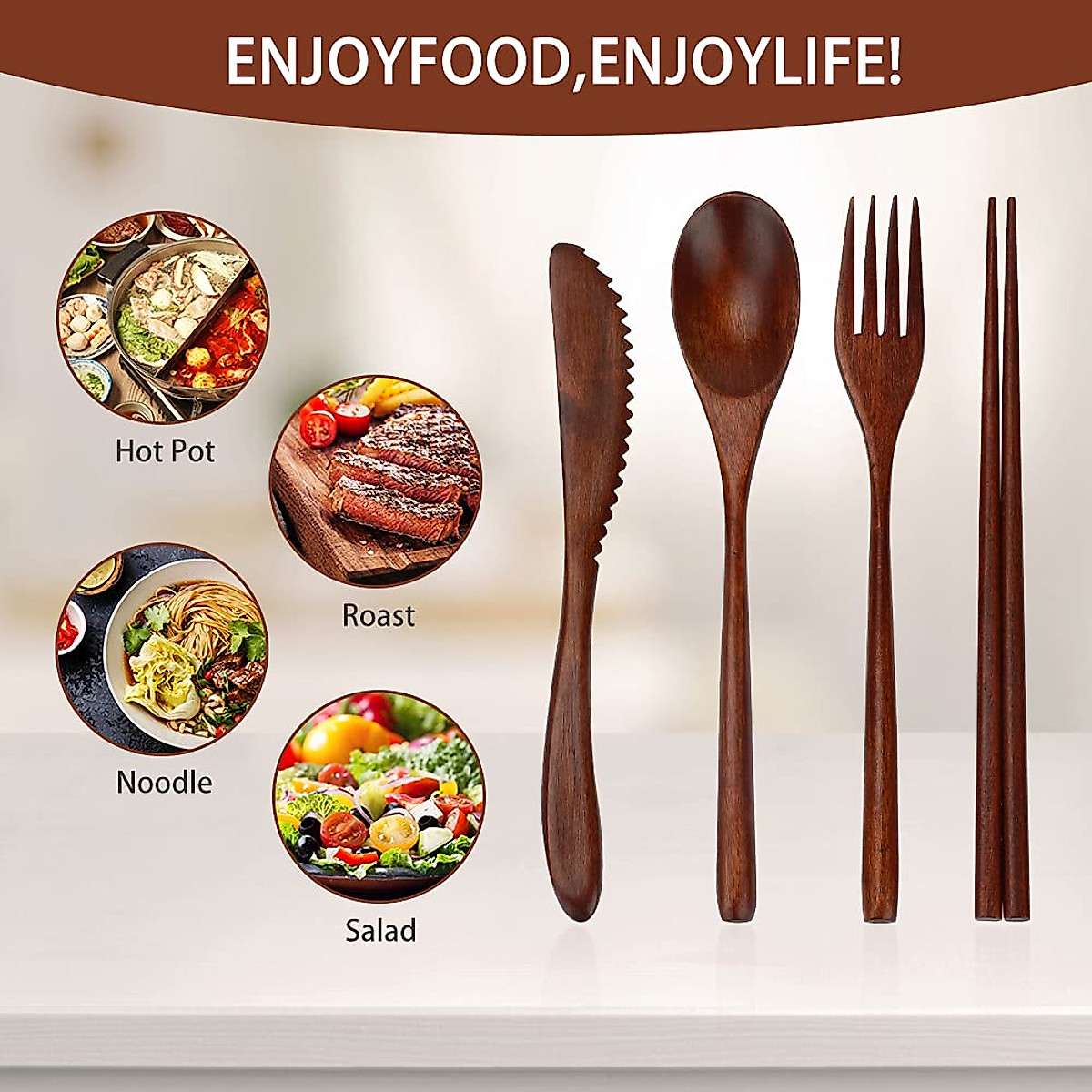 Ideashop Wooden Cutlery Set 16 PCS Reusable Flatware Set, Portable Wooden Utensils for Eating Includes Wooden Knife, Fork, Spoon, Chopsticks, with Pouch for Household Office Camping Traveling