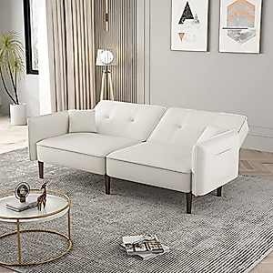 DAMAIFROM 75'' Modern Fabric Futon Sofa Bed Convertible Sleeper Sofa Couch with Tapered Wood Legs and Adjustable Back, with Two Pillows for Living Room & Bedroom(White)