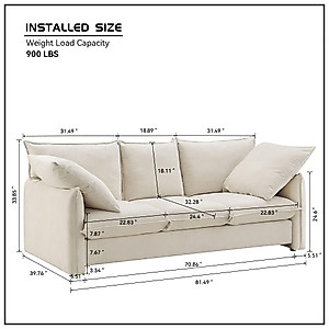 DREAMODERN Sectional Sofa Couch for Living Room, 81.49" Wide Mid-Century Back Upholstered Sofa Couch with 2 Pillows, 3-seat Deep Seat Couch for Apartment, Office - Beige