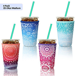 4 Pieces Reusable Coffee Sleeve Cup Insulator for Cold Drinks Beverages and Neoprene Holder for Most Coffee (22-24 oz Medium,Datura Style)
