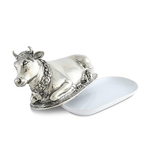 Vagabond House Pewter Metal Mabel the Cow Covered Butter Cream Cheese Dish Container Keeper Heirloom Quality with Stoneware Tray Base 8.5 inch Long
