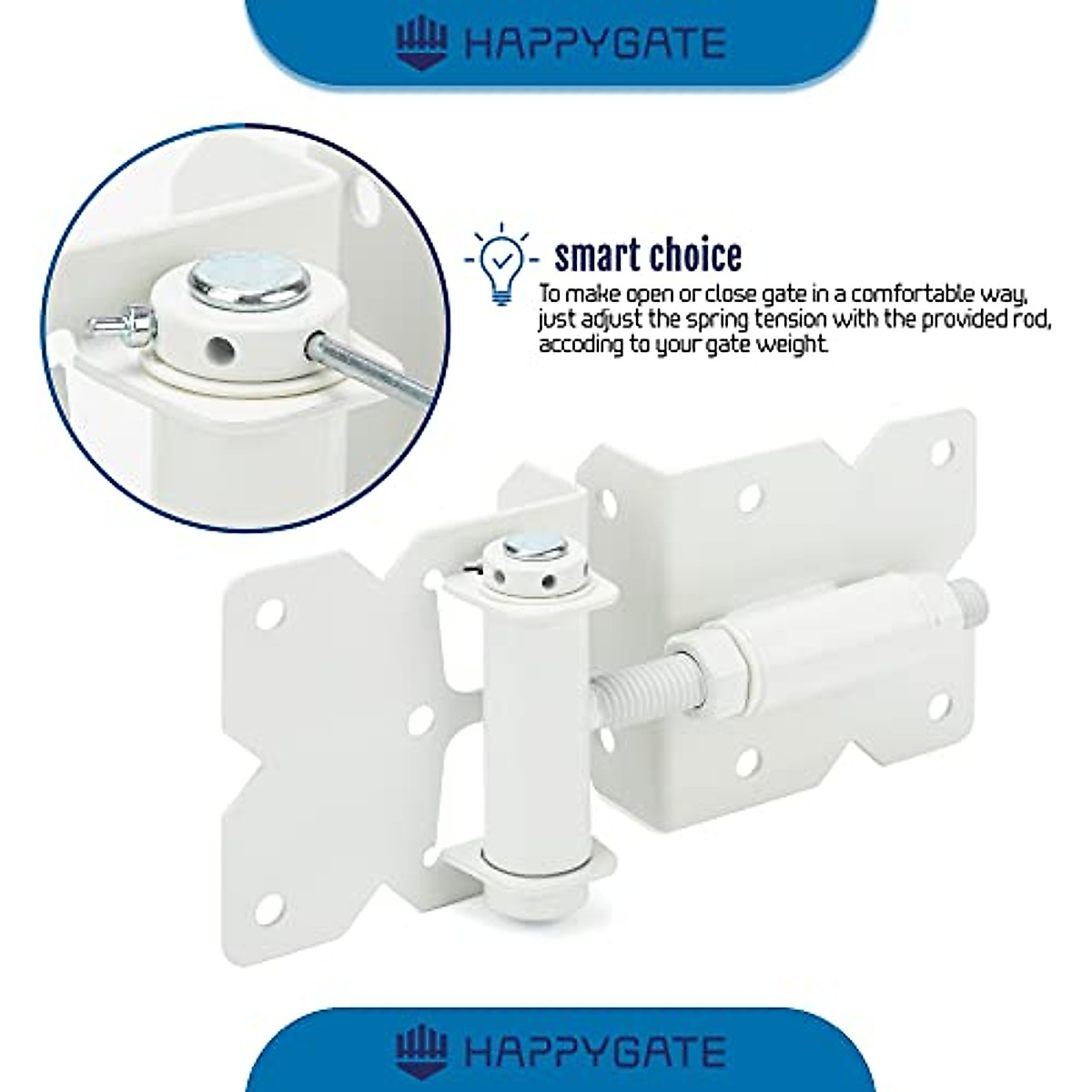 Heavy Duty Self Closing Gate Hinges Hardware Kit for Wooden Vinyl Fence 90 Degree Adjustable Gate Hinges Hardware Kit for Metal Gates with 22 Durable Screws and Swing Adjuster Tool, 2 Pack, White