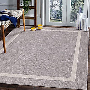 Beverly Rug Waikiki Indoor Outdoor Rug 8x10, Washable Outside Carpet for Patio, Deck, Porch, Bordered Modern Area Rug, Water Resistant, Grey - White