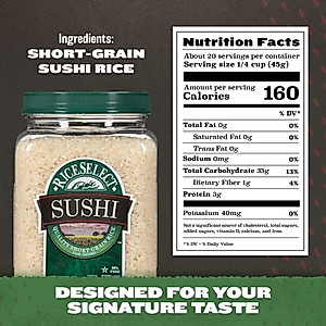 RiceSelect Sushi Rice for Sushi and Japanese Food, Premium Gluten-Free Short-Grain Rice, Non-GMO, 32-Ounce Jar