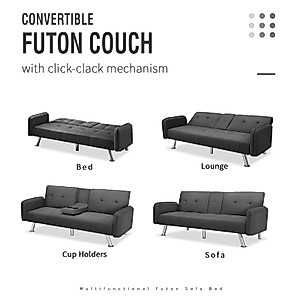 IULULU Futon Sofa Bed, Convertible Couch with 2 Cup Holders Loveseat with Armrest for Studio, Apartment, Office, Living Room, Dark Grey