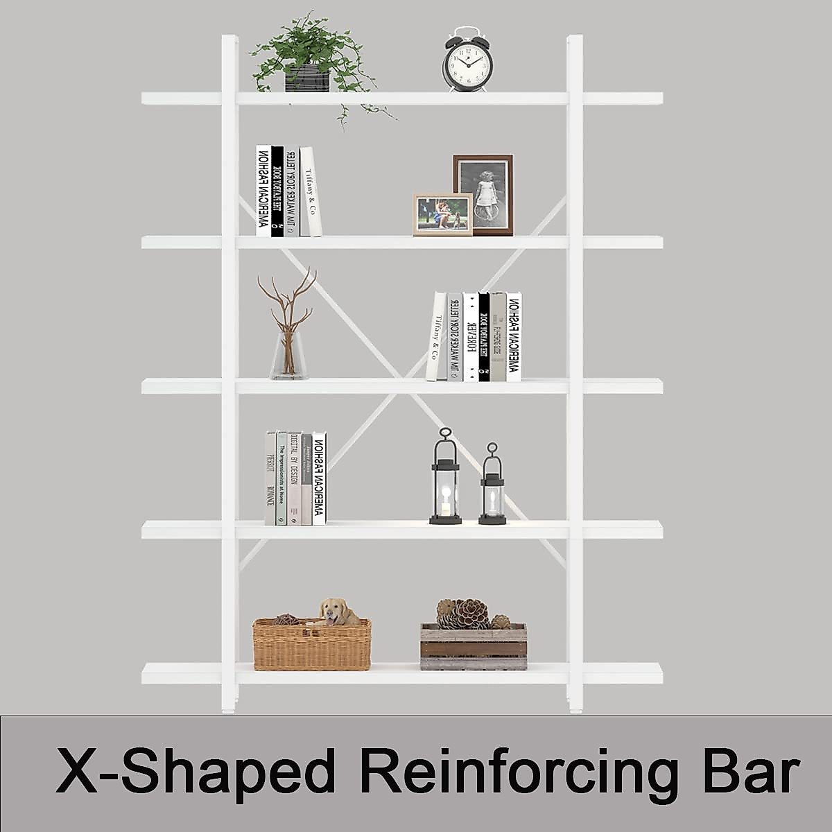 HSH 5 Tier Tall White Bookshelf, Metal and Wood Storage Book Shelves for Bedroom Living Room Office, Modern Large White Bookcases and Bookshelves 5 Shelf, Farmhouse Open Vertical Display Book Shelf