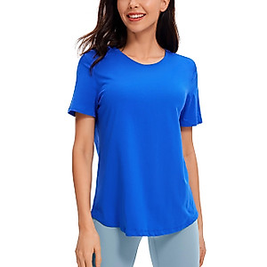 CRZ YOGA Women's Pima Cotton Short Sleeve Workout Shirts Casual Yoga T-Shirt Soft Athletic Tee Top Strong Blue X-Large
