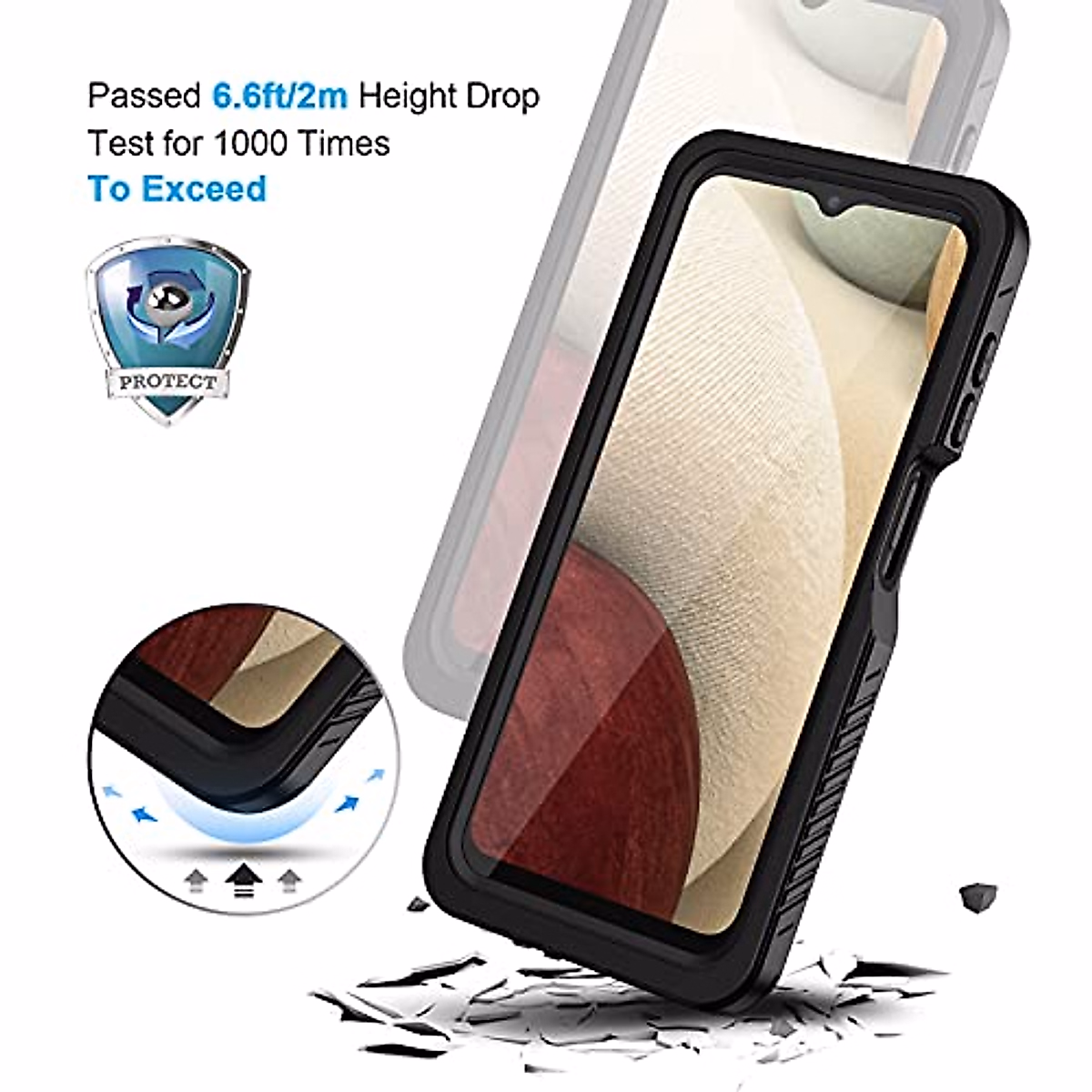 Lanhiem Samsung Galaxy A12 Case, IP68 Waterproof Dustproof Case with Built-in Screen Protector, Full Body Heavy Duty Shockproof Protective Cover for Galaxy A12 6.5 Inch (Black/Clear)