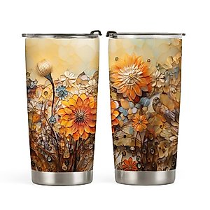 ORCAE 20oz Beautiful Colorful Daisy Flower, Stained Glass Style Flowers, Colorful Dandelion Flower Tumbler Cup, Insulated Travel Mug with Lid, Coffee Thermos for Men, Women, Gifts for Women - G