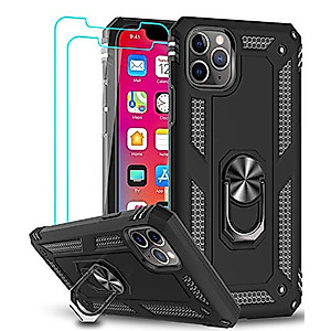 LeYi Compatible for iPhone 11 Pro Max Case with Tempered Glass Screen Protector [2 Pack], Military-Grade Phone Case Cover with Ring Kickstand for Apple iPhone 11 Pro Max 6.5 inch，Black