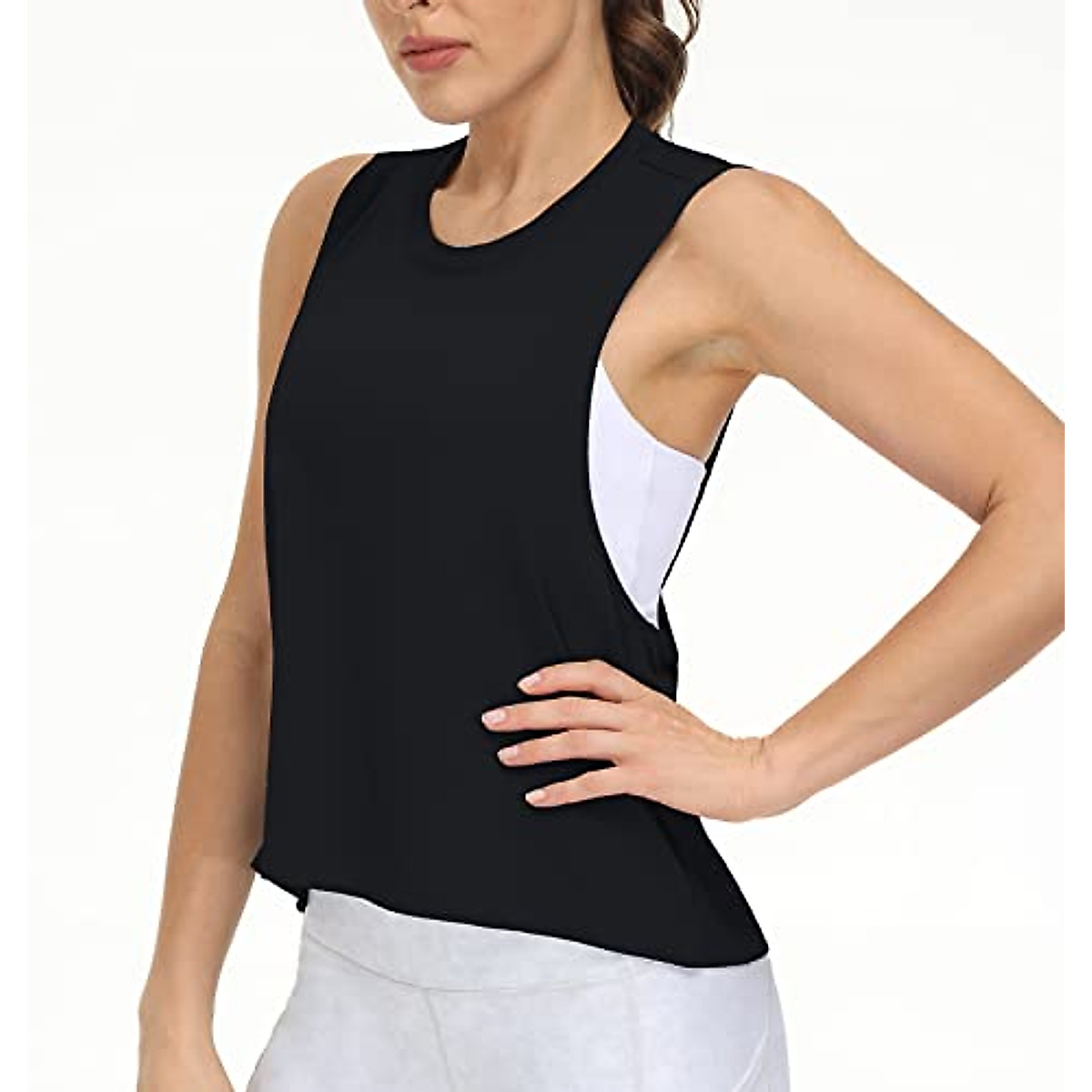 THE GYM PEOPLE Women's Open Cross Back Workout Tank Tops Loose Fit Sleeveless Yoga Running Shirts Black