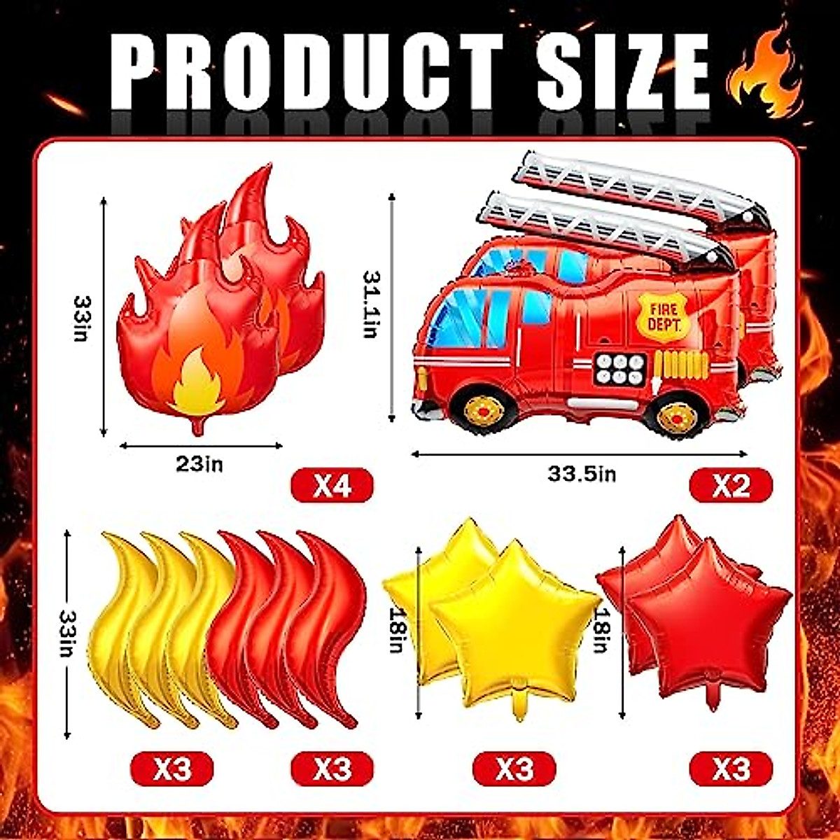Glimin 18 Pcs Fire Truck Balloons Set 4 Aluminum Foil Flame Balloon, 2 Fire Truck Firefighter Balloon, 6 Fire Balloons, 6 Star Balloons for Rescue Themed Decoration Firefighter Birthday Party Supplies