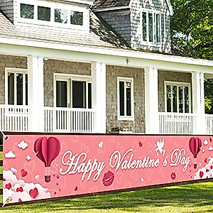 Happy Valentine's Day Banner, Large Valentines Banner Red Love Heart Backdrop for Valentine's Day Indoor Outdoor Party Decorations (Pink)
