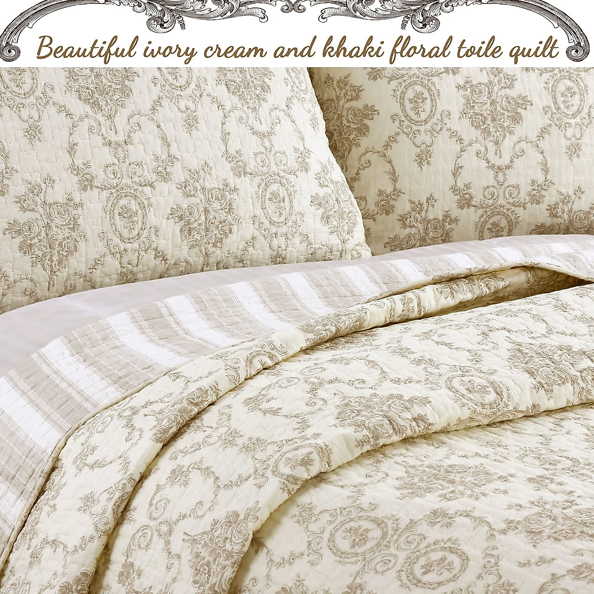 Cozy Line Home Fashions French Medallion 100% Cotton Bedding Quilt Set, Beige Ivory Rose Flower Reversible Coverlet Bedspread (Cream Eggnog, Queen -3 Piece)