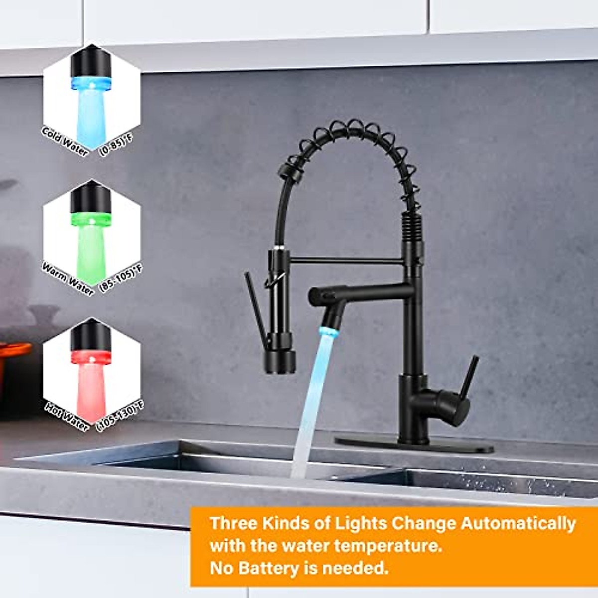 KZH Kitchen Sink Faucet with Pull Down Sprayer,Single Handle Two Spout Kitchen Faucets with LED Light,Matte Black,Stainless Stee