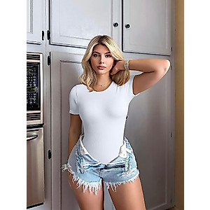 OQQ Women's 2 Piece Bodysuits Sexy Ribbed One Piece Short Sleeve Tops Bodysuits Black White